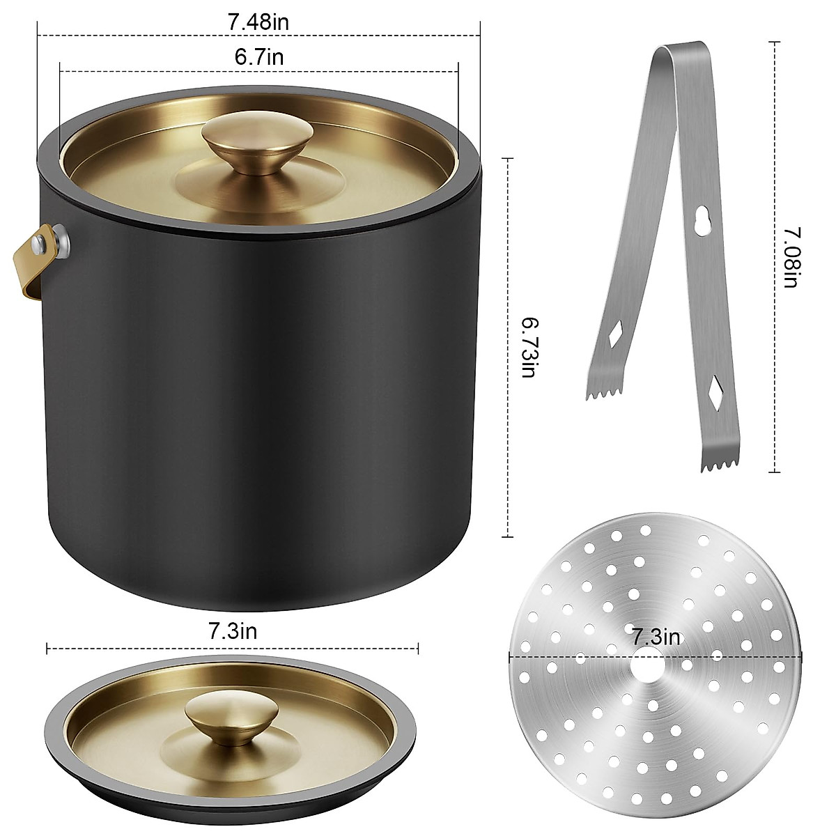 3.2L Modern Insulated Ice Bucket with Silicone Lid, Tongs, Strainer, Double Wall Stainless Steel Ice Bucket for Parties & Cocktail Bar,Ideal for Gift