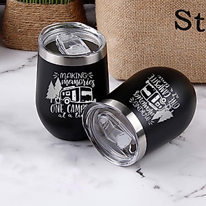 Joyloce Camper Wine Tumbler Coffee Mug, Camping Gifts Cup Stemless Tumblers with Lid Stainless Steel Insulated Vacuum 12 Oz, Gifts for Camping Lover RV Gifts, Making Memories One Campsite At A Time