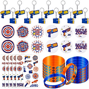 dart battle Birthday Party Favor Supplies dart battle Silicone Wristbands dart battle Keychain Temporary Tattoos for Kids Badges Gun Party Birthday Party Favors for Birthday Baby Shower Boys (126 Pcs)