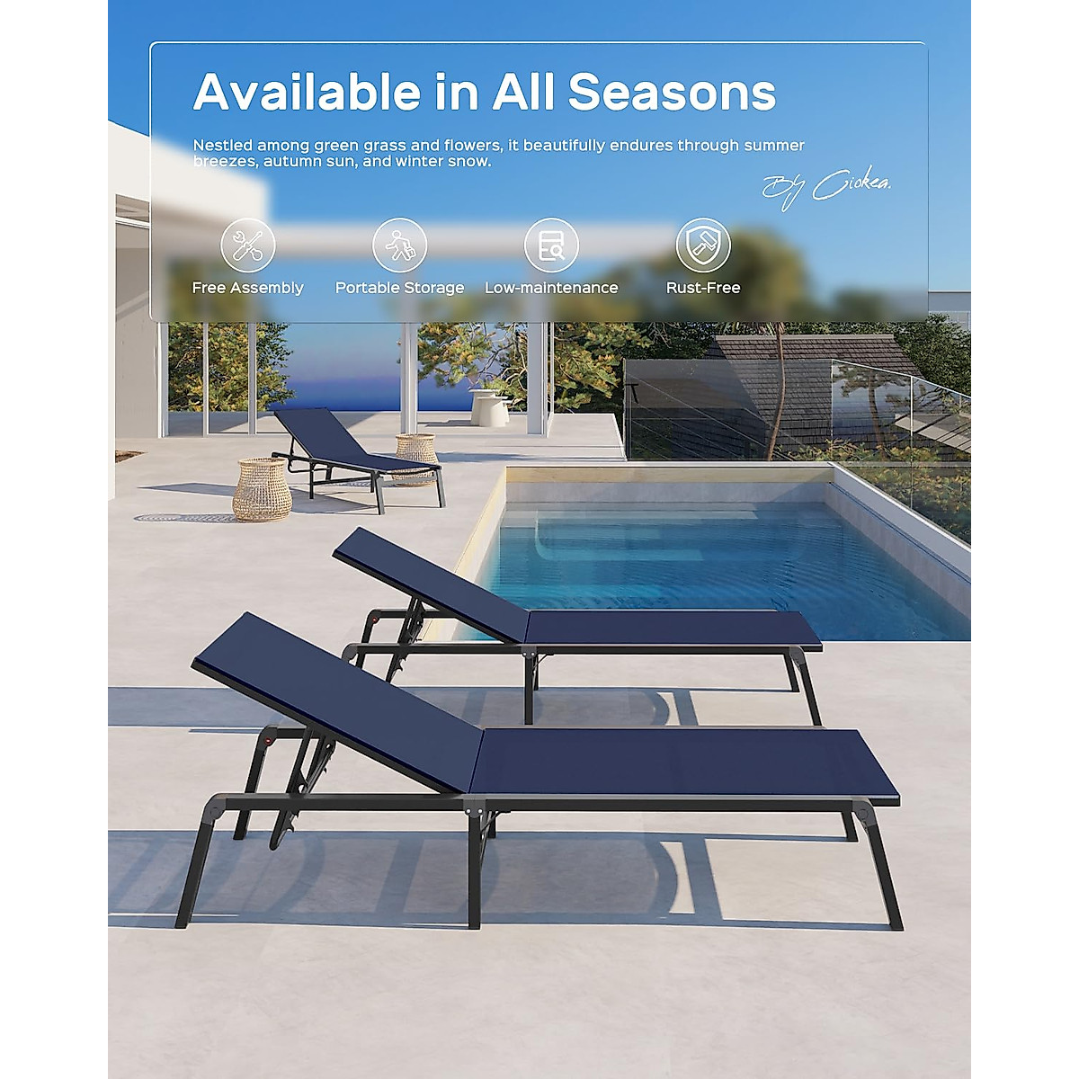 Aluminum Chaise Lounge Ourdoor - Foldable & Assemble Free Outdoor Lounge Chair with 5 Adjustable Backrest, Patio Lounge Chair for Outside Poolside Beach Pool, Navy Blue