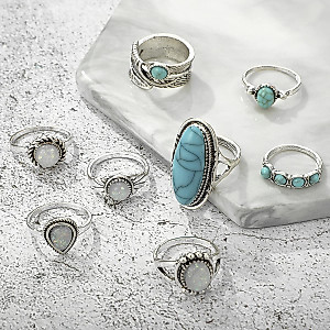 Xerling 8Pcs Boho Girls Crystal Knuckle Ring Set Gemstone Opal Joint Midi Finger Rings Oval Turquoise Teardrop Leaf Rings for Women Gothic Retro Silver Rings