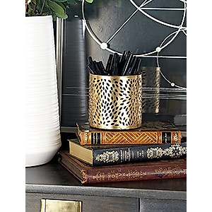 Deco 79 Metal Cylinder Pencil Cup with Laser Carved Floral Design, 4" x 4" x 4", Gold