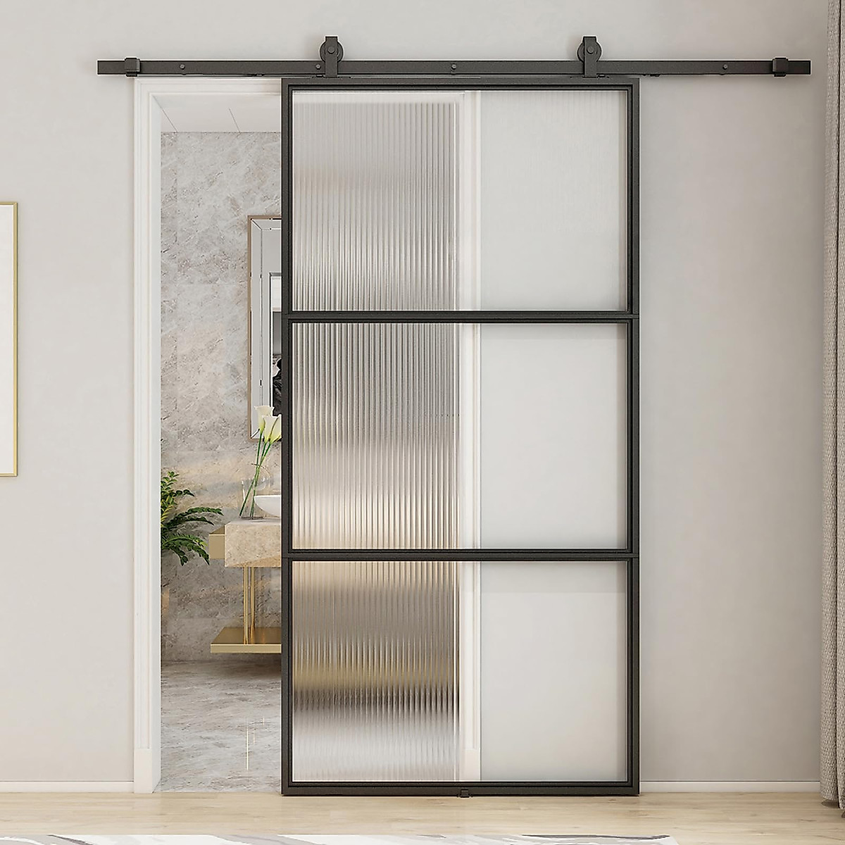 JUBEST Glass Barn Door 42in x 84in, Reeded Glass Carbon Steel Pre-Drilled Frame Sliding Barn Door Panel with 7FT Hardware Kit and Soft Close