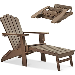 EFURDEN Adirondack Chair with Retractable Ottoman, Folding Adirondack Chair with Footrest, All Weather Poly Lumber Fire Pit Chair with Ottoman, All Weather Chair for Outdoor Brown