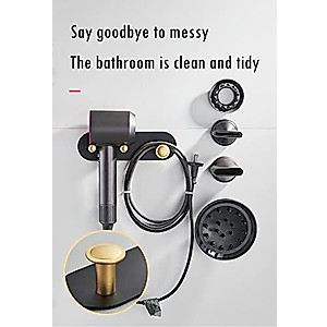 AYIYAKE Hair Dryer Holder Adhesive No Drill Wall Mounted Aluminum Alloy Blow Dryer Rack Barbershop Saloon Fit for Most Hair Dryers（ Aluminum Black Gold