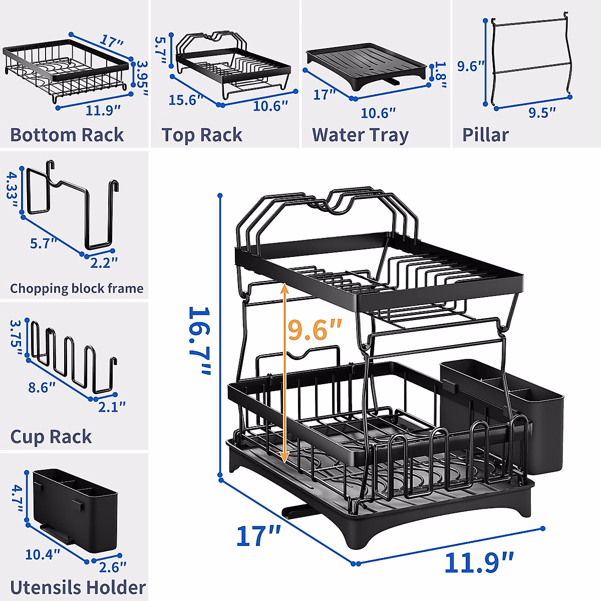 Dish Drying Rack, Detachable 2 Tier Dish Racks for Kitchen Counter with Pot Rack, Large Capacity Dish Drainer with Drainboard Organizer Shelf with Utensil Holder, Cup Rack, Cutting Board Holder, Black
