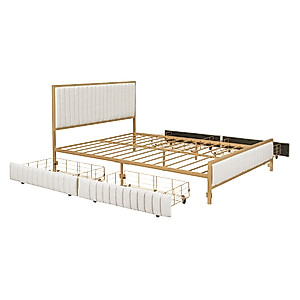 SIYSNKSI Queen Size Metal Frame Upholstered Bed with 4 Drawers, Linen Fabric Platform Bed with Metal Slats Support and Headboard, Storage Platform Bed for Kids Teens Bedroom (Beige + Linen-39)