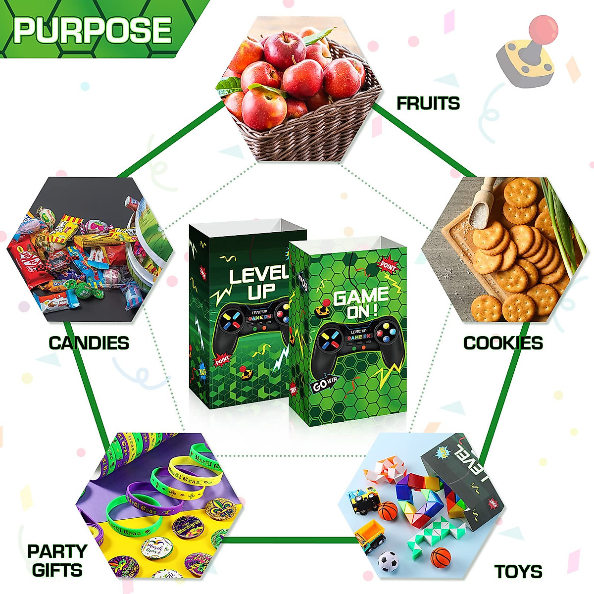 Geosar 30 Pcs Video Game Party Paper Bags Gaming Party Favors Gift Bags Gamer Theme Party Goodie Bags Boys Birthday Party Decorations Treat Candy Bags with 30 Stickers(Green)