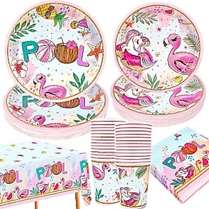 Summer Pool Party Decorations- 121PCS Pink Pool Plates and Napkins Set Beach Party Cups Tablecloths Flamingos Unicorns for Kids Boys Girls Luau Hawaiian Summer Theme Birthday Party Supplies 30 Guest