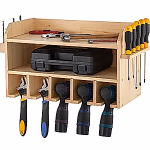 VEVOR Drill Charging Station, Power Tool Charging Station, 5 Drill Hanging Slots Drill Charging Station, 2-Shelf Cordless Drill Storage, Wall Mounted Power Drill Tool Storage Organizer Wooden