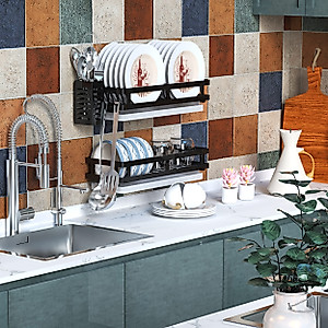 Couguarack Stainless Steel Wall Mounted Dish Drying Rack, Hanging Dish Drying Rack with Removable Tray, Multifunctional Utensil Rack for Kitchen (2 Tier)