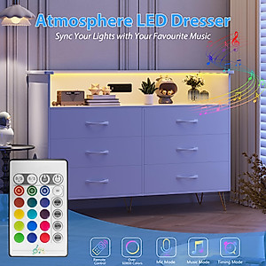 Patikuin White Dresser for Bedroom with LED Light & Charging Station, 6 Drawers Wooden Dressers with Open Space, Modern Chest of Double Wide Drawers for Living Room, Entryway, Hallway TV Stand