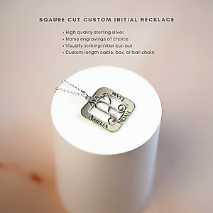 Square Cut Sterling Silver Script Initial and Name Pendant Necklace. Personalized Center Monogram and Names. Choice of Chains. Sterling Silver, 14k Gold Plate or Rose Gold Plate over Sterling Silver