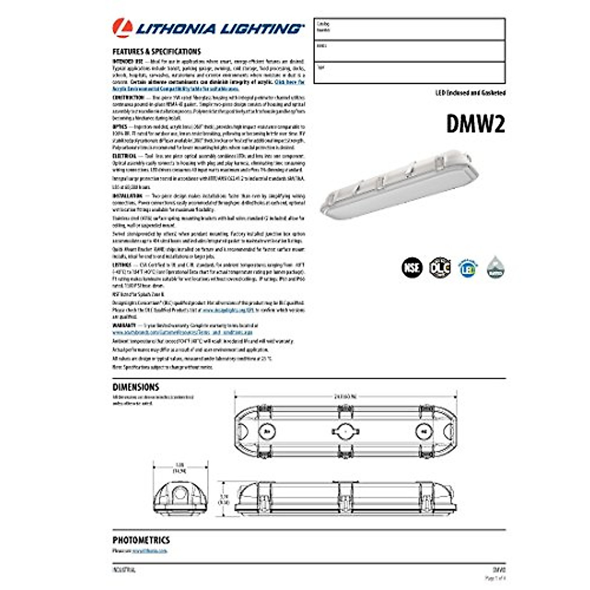 Lithonia Lighting DMW2 L24 4000LM AFL MD MVOLT GZ1 50K 80CRI Wet Location 2-Foot Vapor Tight Luminaire