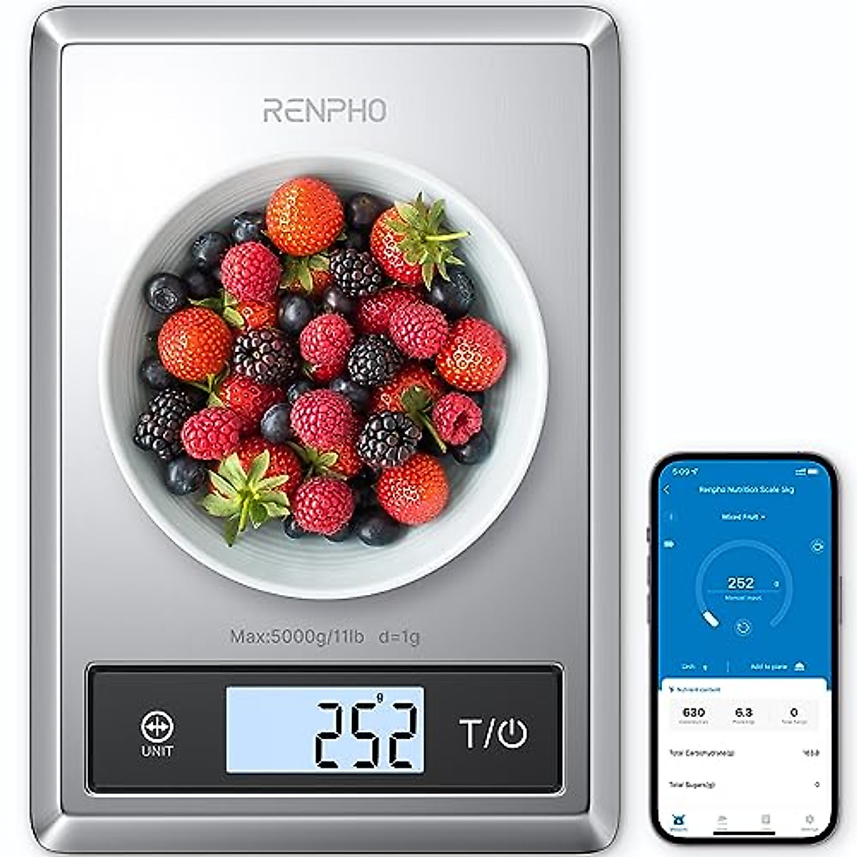 RENPHO Digital Food Scale, Kitchen Scale Weight Grams and oz for Baking, Cooking and Coffee with Nutritional Calculator for Keto, Macro, Calorie and Weight Loss with Smartphone App, Stainless Steel
