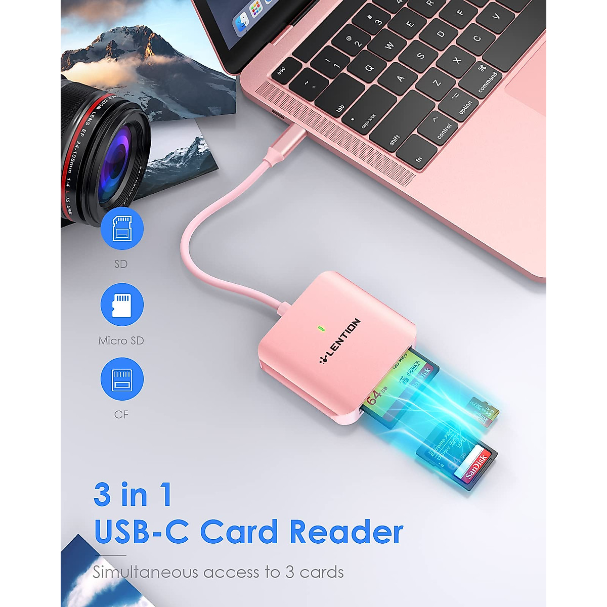 LENTION USB C to CF/SD/Micro SD Multi Card Reader, SD 3.0 Card Adapter Compatible 2023-2016 MacBook Pro 13/15/16/M1, New Mac Air/iPad Pro/Surface, Chromebook, S20/S10/Note, More (CB-C8s (Pink)