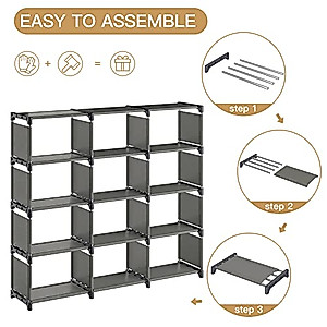 REIBII Bookshelf for Bedroom Book Shelf Organizer Bookcase Tall Book Case 12 Cube Storage Organizer Cube Shelf Grey Cubby Storage Organizer Shelves for Bedroom Living Room Closet Office DIY