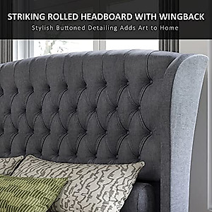 AMERLIFE Queen Size Platform Bed Frame, Velvet Upholstered Sleigh Bed with Scroll Wingback Headboard & Footboard/Button Tufted/No Box Spring Required/Grey