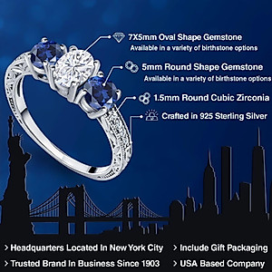 925 Sterling Silver 3-Stone Ring Set with Forever Brilliant (GHI) Oval Moissanite from Charles & Colvard and Created Sapphire (2.22 Cttw) (Size 6)