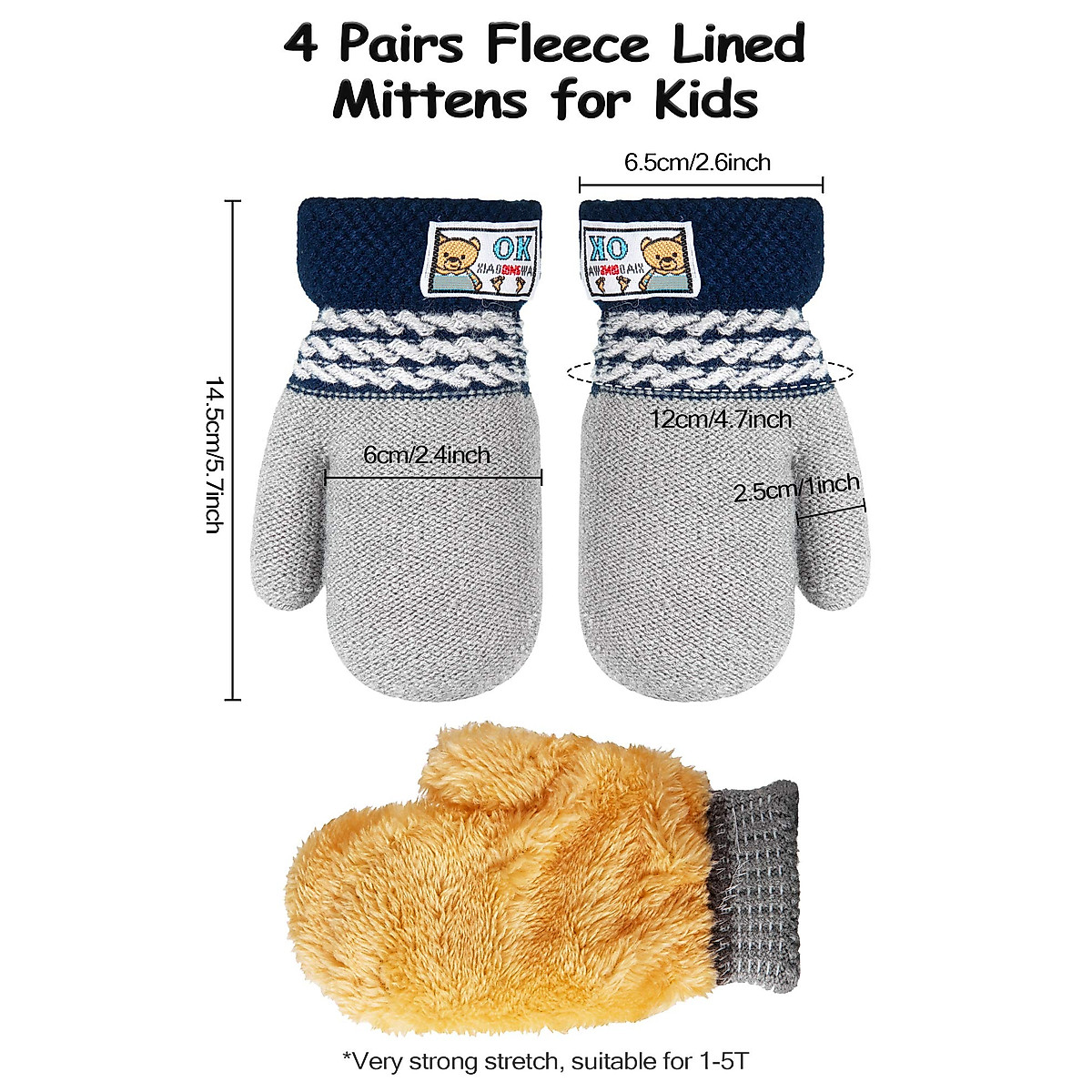 SATINIOR 4 Pairs Fleece Toddler Mittens with String 1-3 Years Fleece Baby Mittens Winter Lining Infant Gloves Warm Thermal Gloves for Baby Kid Toddler