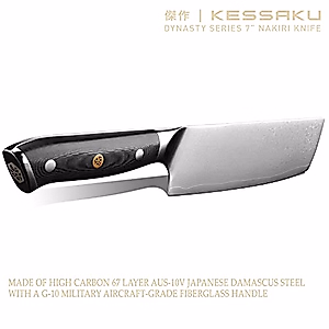 KESSAKU Nakiri Knife - 7 inch - Damascus Dynasty Series - Asian Vegetable Cleaver - Razor Sharp Kitchen Knife - Forged 67-Layer Japanese AUS-10V Stainless Steel - G10 Garolite Handle with Blade Guard