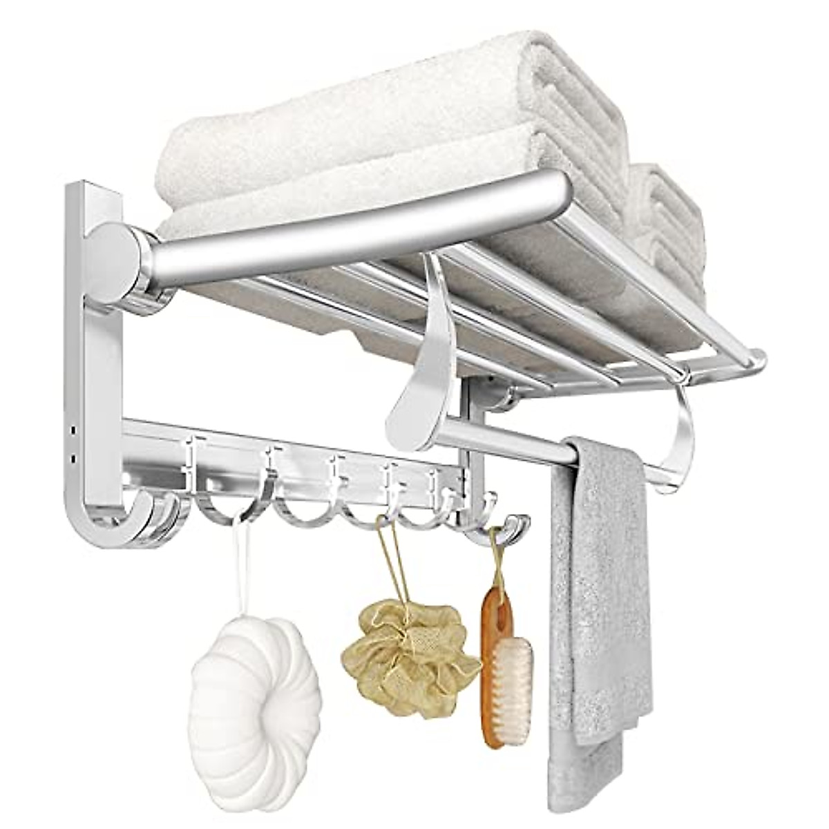 Towel Rack with Towel Bar for Bathroom Wall Mount,Foldable Toalla Holder with Hooks,Hotelier Rustproof Adjustable Bath Towels Shelf,No Drill,24 Inch Polished Silver