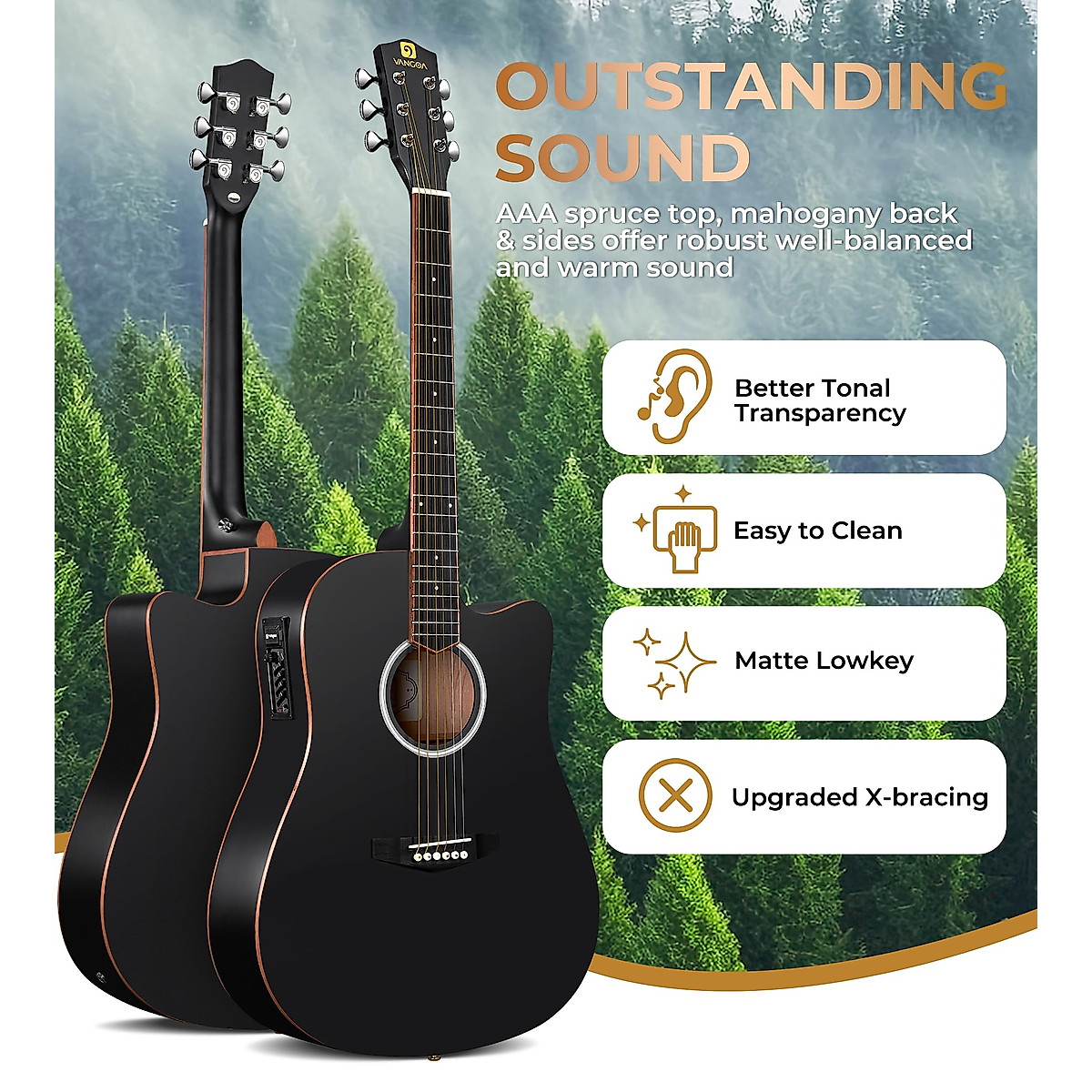 Vangoa Acoustic Electric Guitar Bundle for Beginners Adults Teens Full Size Cutaway Acoustic Guitar with Built-in Pickups, Wooden Bindings, Upgraded Starter Kit, Matte Black