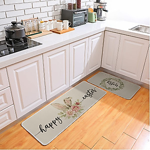 Riakrum 2 Pcs Easter Kitchen Rug Cute Bunny Ears Easter Doormat Seasonal Floral Easter Rug Non Slip Spring Mat for Kitchen Indoor Outdoor Yard Entrance Floor Garage Patio
