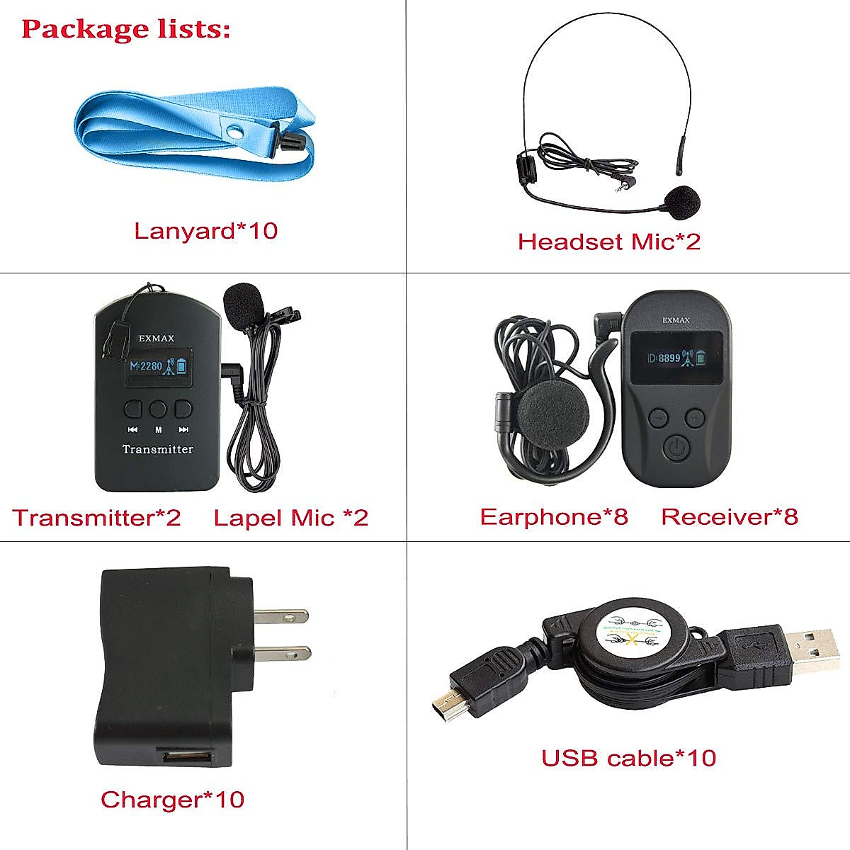 EXMAX EXD-101 2.4G Wireless Handfree Tour Guide System Translation Equipment with 9999 Channels for Tour Guide, Interpreter, Coach, Trainee(2 Transmitters 8 Receivers)