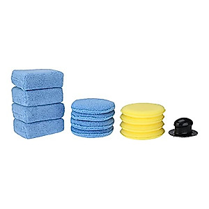 AuInLand 13 PCS Wax Applicator Pads Kit, Rectangle/Round Blue Microfiber Detailing Wax Applicator Pad, Round Yellow Foam Waxing Pad with Handle for Cars Wax Applicator Foam Sponge
