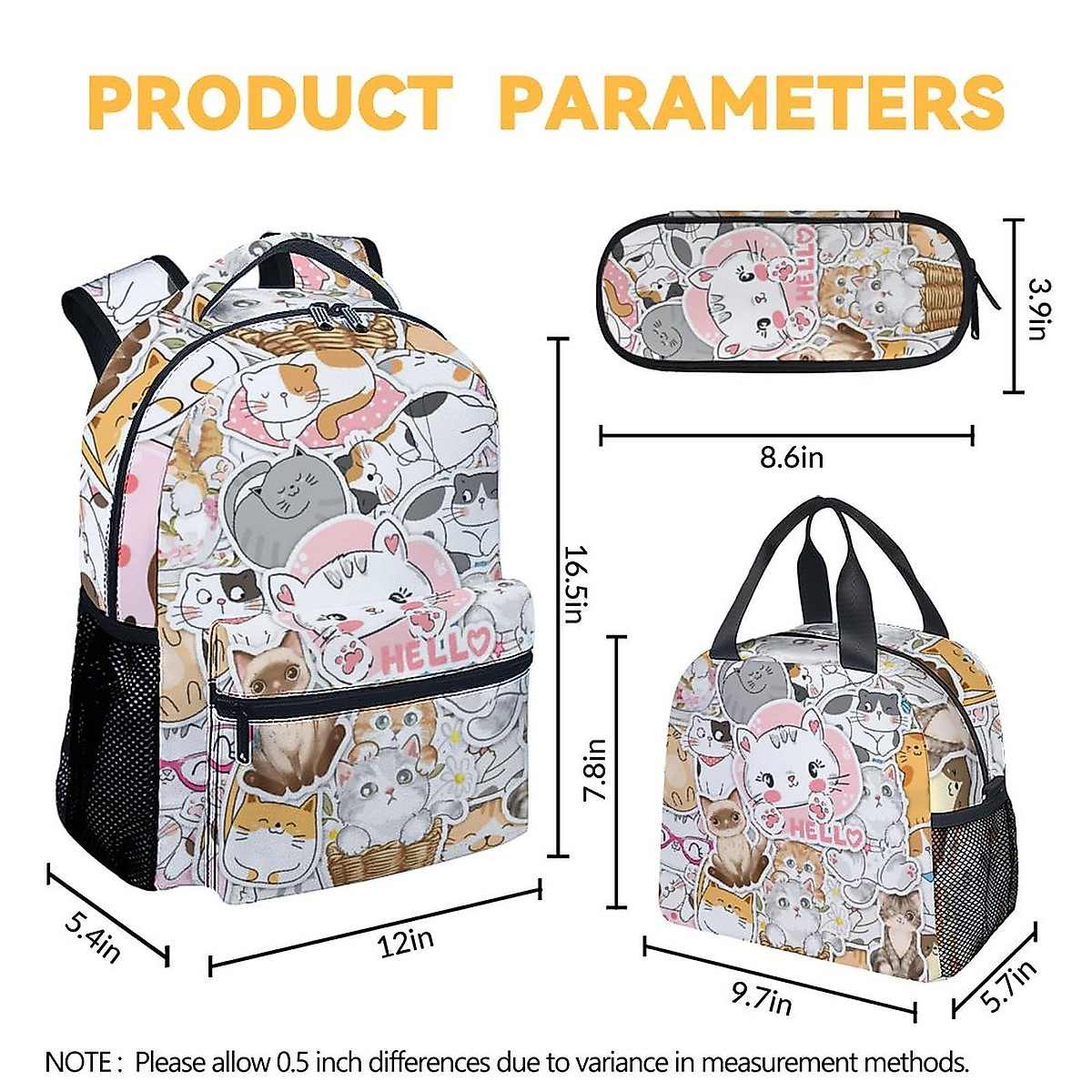 Homexzdiy Cat Backpack with Lunch Box Set for Girls Boys, 3 in 1 School Backpacks Matching Combo, Cute Pink Bookbag and Pencil Case Bundle