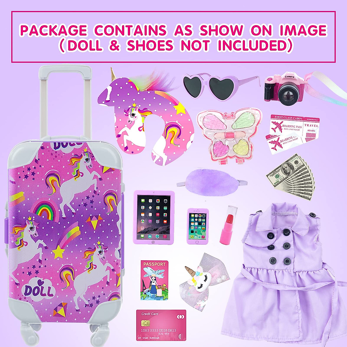 BDDOLL 25 Pcs American Clothes Accessories - Travel Suitcase Play Set for 18 Inch Doll with Clothes, Suitcase, Camera, Phone, Sungasses, Makeup Toy