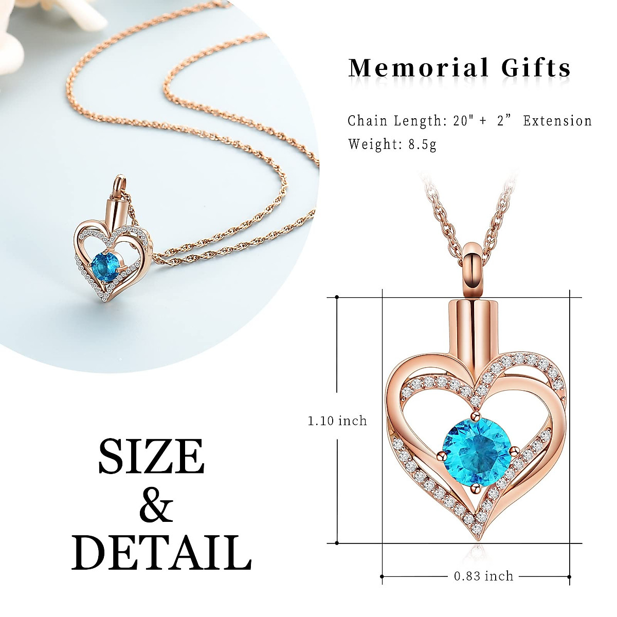 shajwo Cremation Jewelry Heart Urn Necklace for Ashes for Women Gilrs Memorial Keepsake Birthstone Pendant,Rose Gold-Light Blue