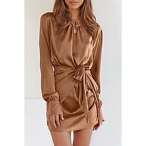 PRETTYGARDEN Women's Spring Satin Dress Long Sleeve Tie Waist Elegant Cocktail Party Mini Fall Dresses(Khaki,Small)
