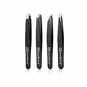 HAWATOUR Tweezers Set, 4Pcs Eyebrows Tweezers and a Pair of Scissor with Leather Case, Great Precision for Eyebrow, Ingrown Hair, Splinter, Facial Hair Removal, Black