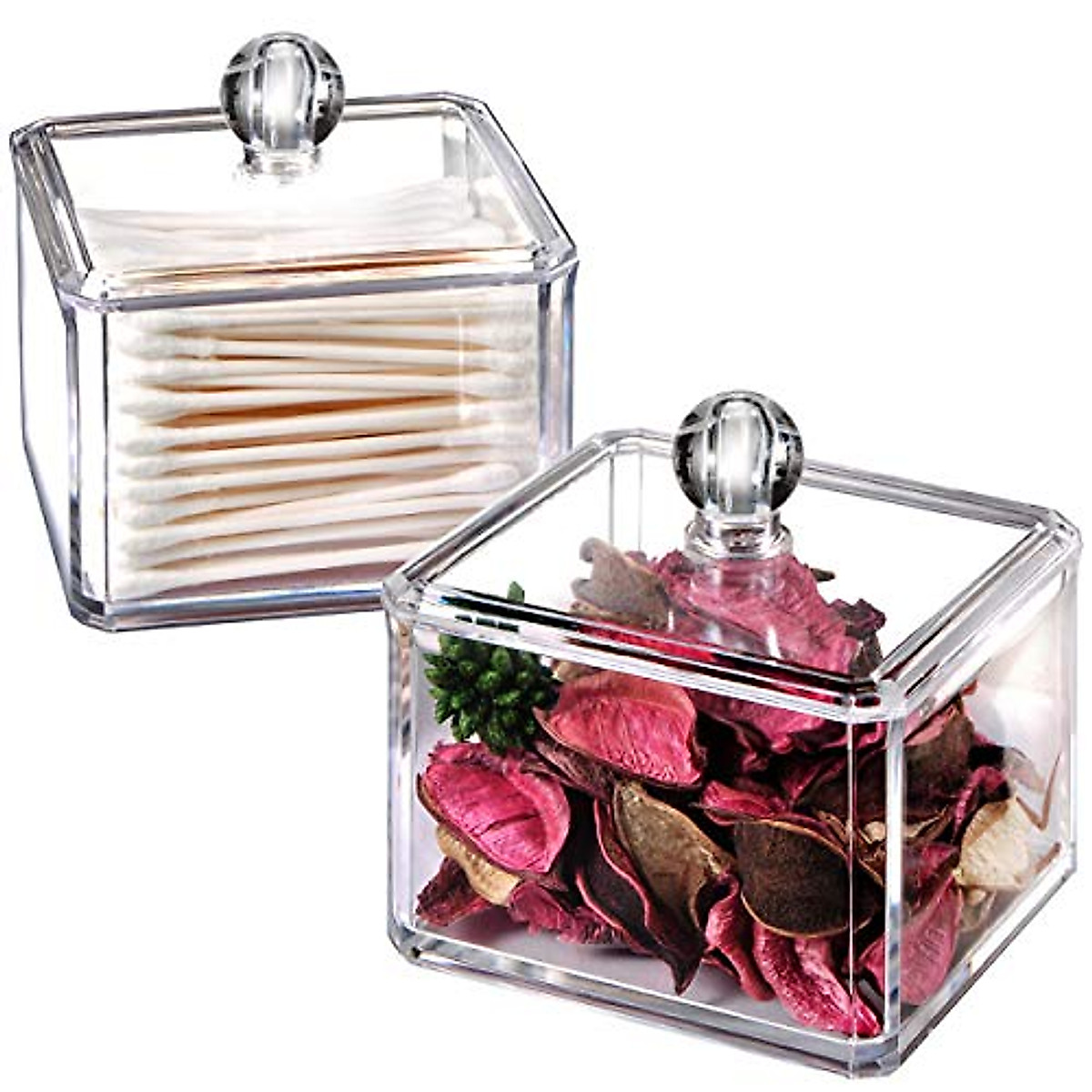 Modern Square Qtip Holder Acrylic Bathroom Vanity Countertop Storage Organizer Canister Jar for Cotton Swabs, Rounds, Balls, Makeup Sponges, Bath Salts - 2 Pack - Clear