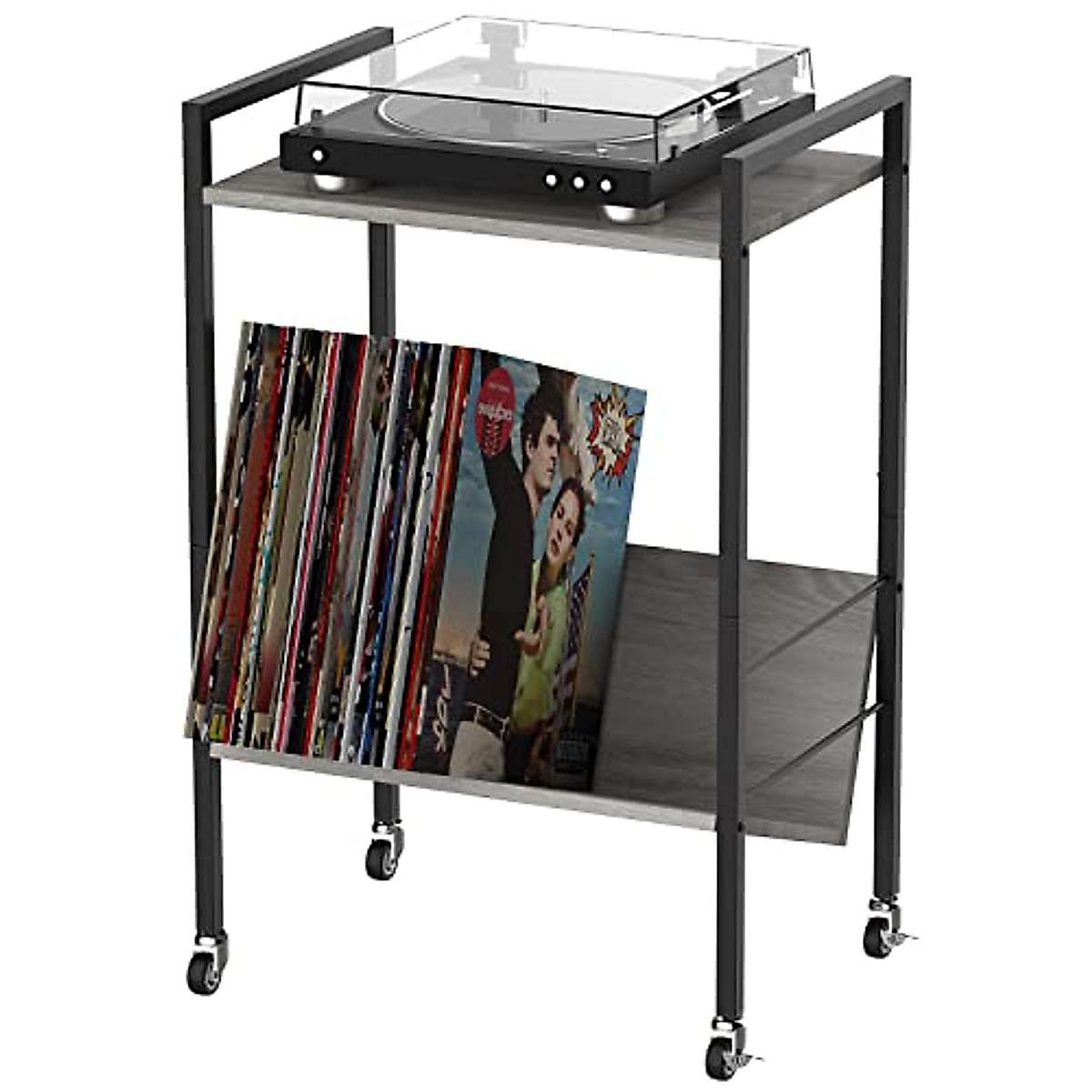YBING Record Player Stand with Record Storage Vinyl Record Storage Table 2-Tier Turntable Stand Record Display Table with Wheels, Gray