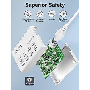 USB Charging Station, 8-Port USB Charger Hub 50W/10A Multi Port Charger for Phone iPad Tablet Multiple Devices (5ft Detachable Cord, White)