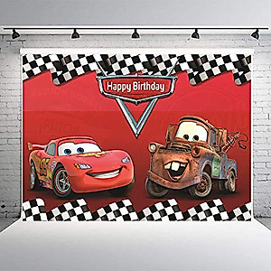 Cartoon Car Backdrop Children Boys Birthday Party Backdrops Car Racing Story Black White Grid Red Photo Backgrounds for Photography Birthday Party Banner (8X6ft)