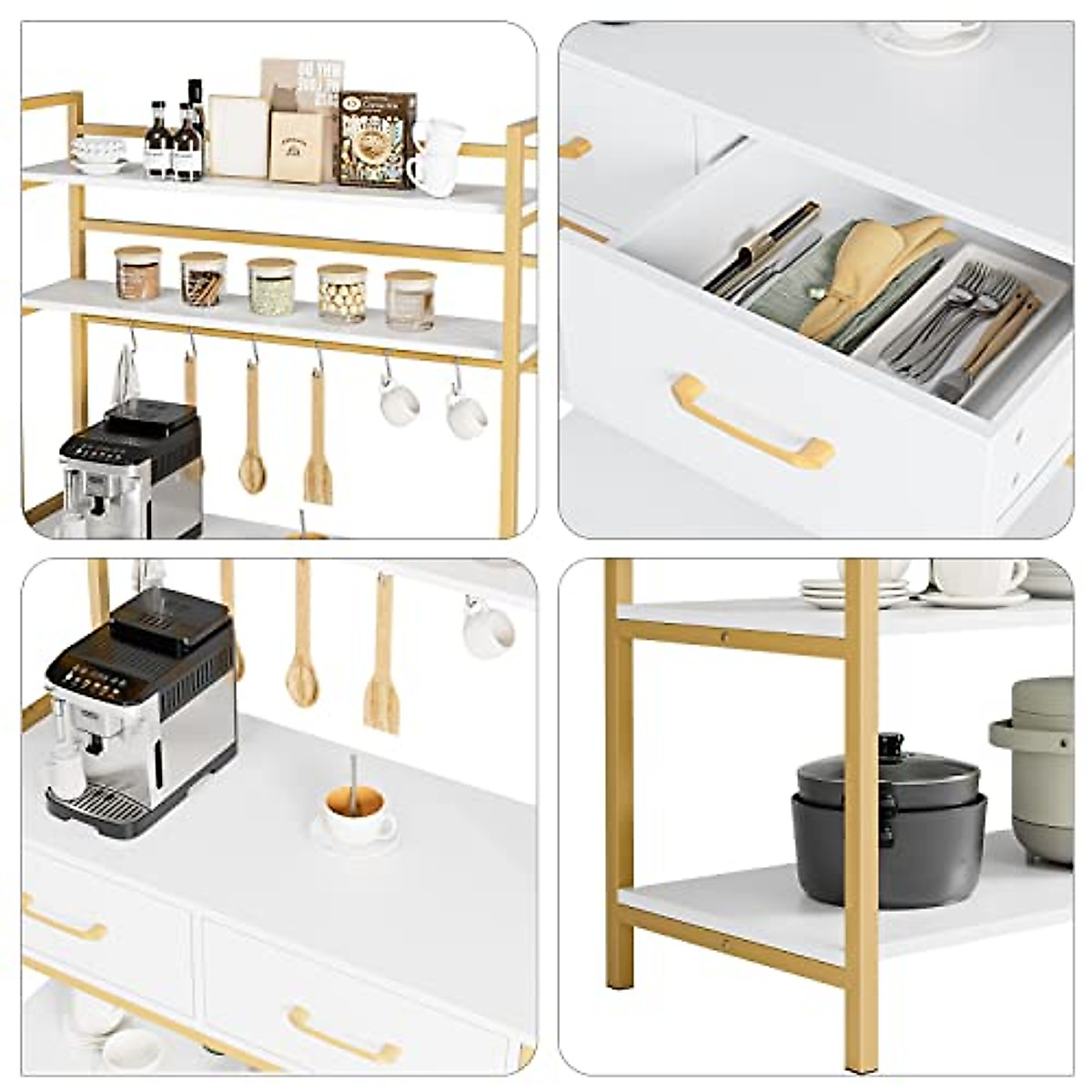 HITHOS Industrial 5-Tier Kitchen Bakers Rack with 2 Drawers, Microwave Oven Stand with Storage Shelves and Hutch, Kitchen Shelf with Storage, Coffee Bar for Living Room, Home Office, Gold White