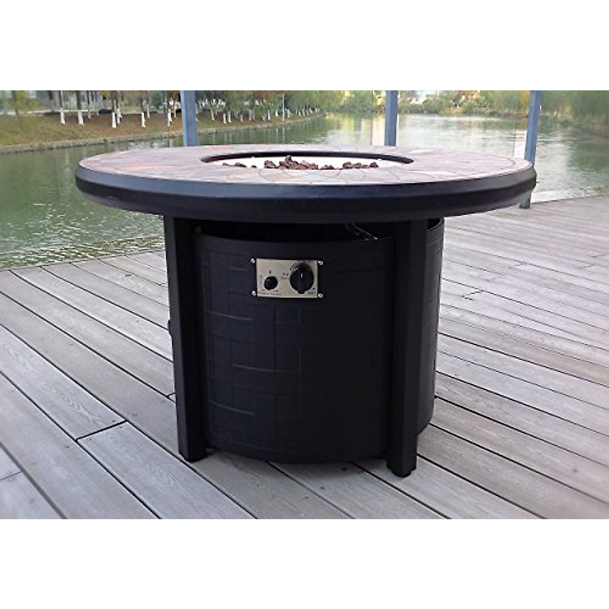 Pebble Lane LIving 42" Natural Slate and Copper Top Outdoor Propane Gas Fire Pit Table: Powder-Coated Black Frame