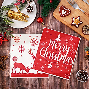 Whaline 6Pcs Christmas Swedish Dishcloths Red White Xmas Tree Snowflake Reindeer Kitchen Dish Towel Reusable for Christmas Winter New Year Baking Cooking, 6.7 x 7.7Inch