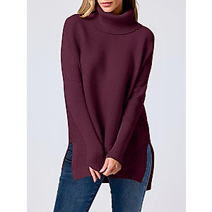 ANRABESS Women's Oversized Turtleneck Batwing Sleeve Spilt Casual Loose Knit Tunic Pullover Sweater Tops 2025 Fall Outfits Wine Red Small