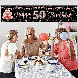 Happy 50th Birthday Banner Decorations for Women, Rose Gold 50 Birthday Sign Party Supplies, Glitter Fifty Birthday Backdrop Decor for Outdoor Indoor