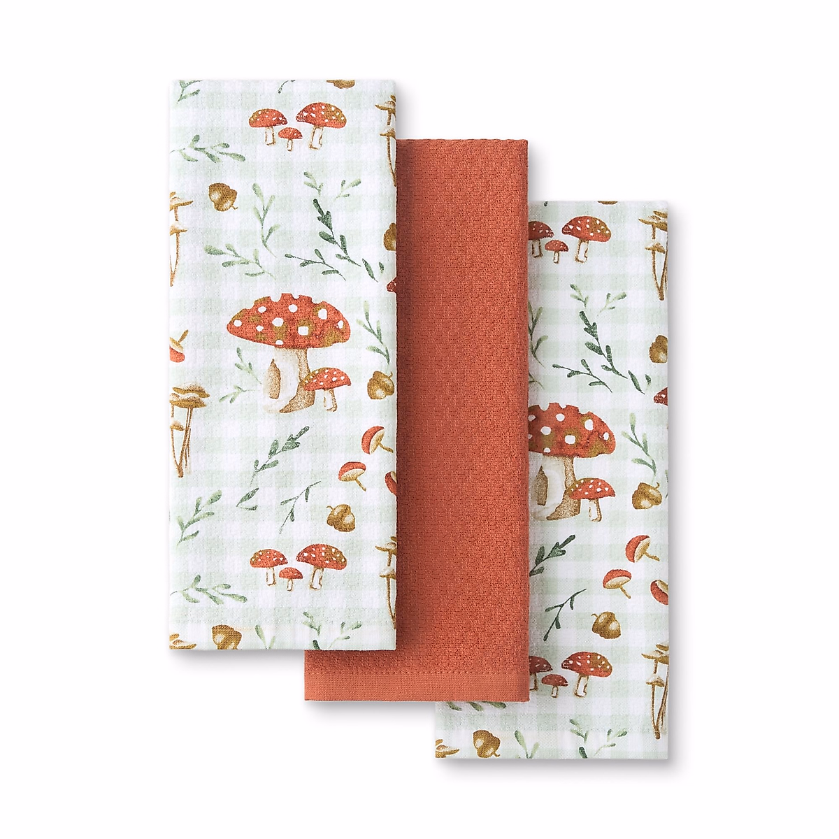 Martha Stewart Autumn Harvest Mushroom Plaid Kitchen Towel 3-Pack Set, 100% Cotton with Absorbent Terrycloth, Decorative Kitchen Towels, Burnt Orange/Green/White, 16"x28"