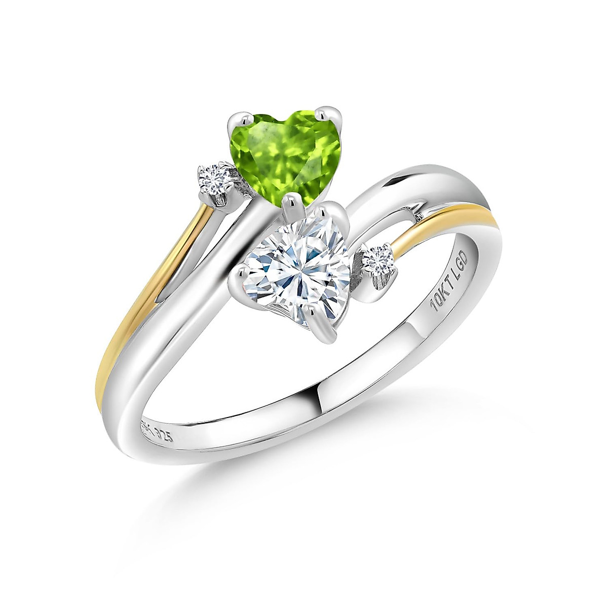 925 Silver and 10K Yellow Gold Green Peridot and Moissanite from Charles & Colvard 2 Heart Promise Couple Engagement Mother Ring (1.02 Cttw, Gemstone Birthstone, Available In Size 5, 6, 7, 8, 9)