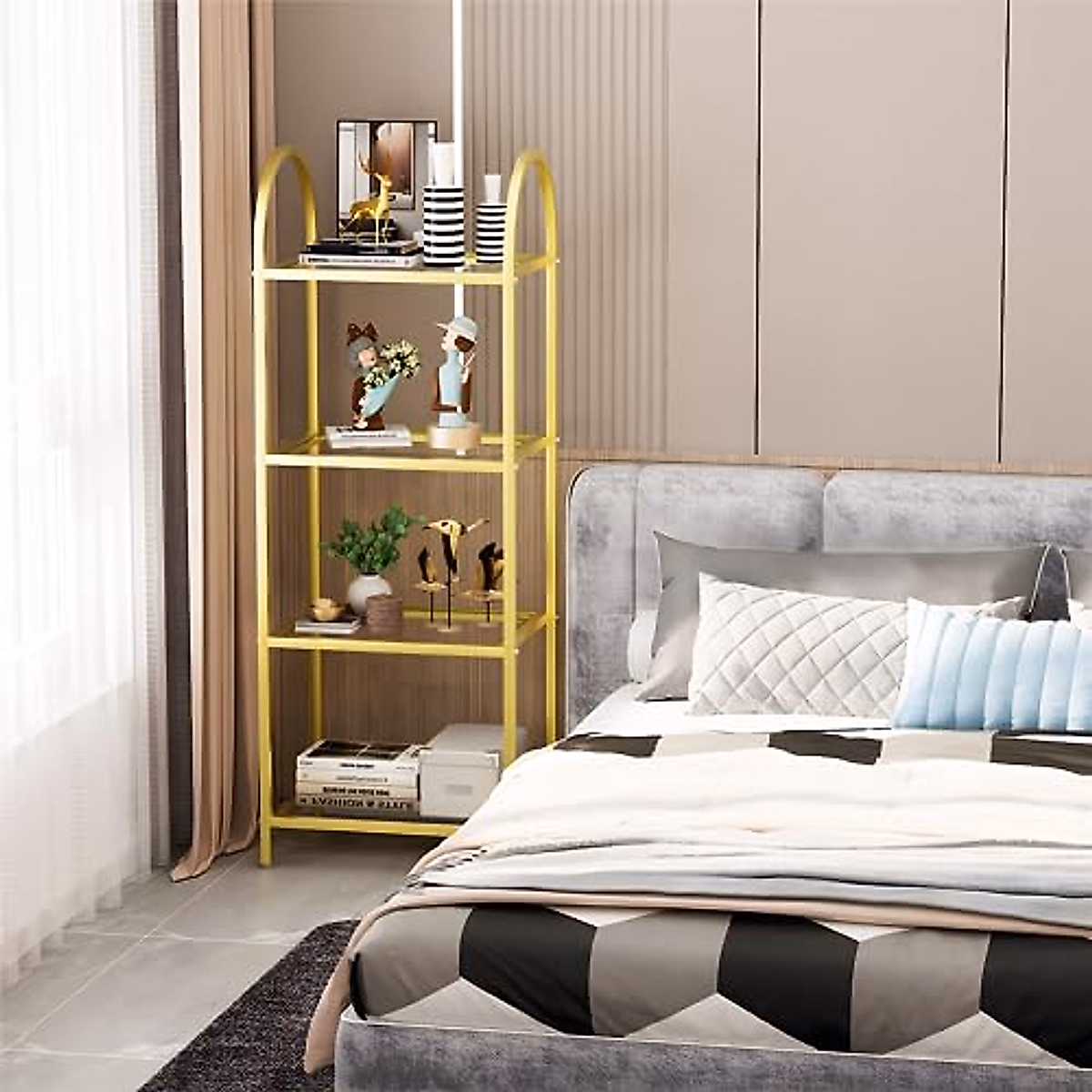 Arbuxzuy 4-Tier Bookcase ，Small Bookshelf ，Narrow Tempered Glass Bookshelves，Slim Shelving Unit for for Living Room, Bedroom, Home Office, Gold