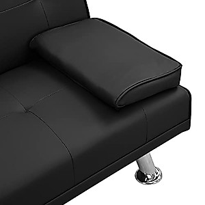 FULife Futon Sofa Convertible Sleeper Couch Bed Daybed Loveseat, Folding Recliner with 2 Cup Holders, Metal Legs, Removable Soft Pillow-Top Armrest for Living Room Small Place, Black PU Leather 66.1"w