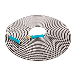 Aqua Joe AJSGH75-MAX Heavy-Duty Puncture Proof Kink-Free Garden Hose, 75-Foot, 1/2-Inch, w/Brass Fitting & On/Off Valve, Spiral Constructed 304-Stainless Steel Metal