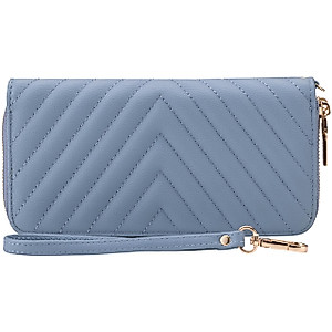 B BRENTANO Vegan Leather Double Zipper Pocket Wallet with Grip Hand Strap (Chevron Embroidered Blue)